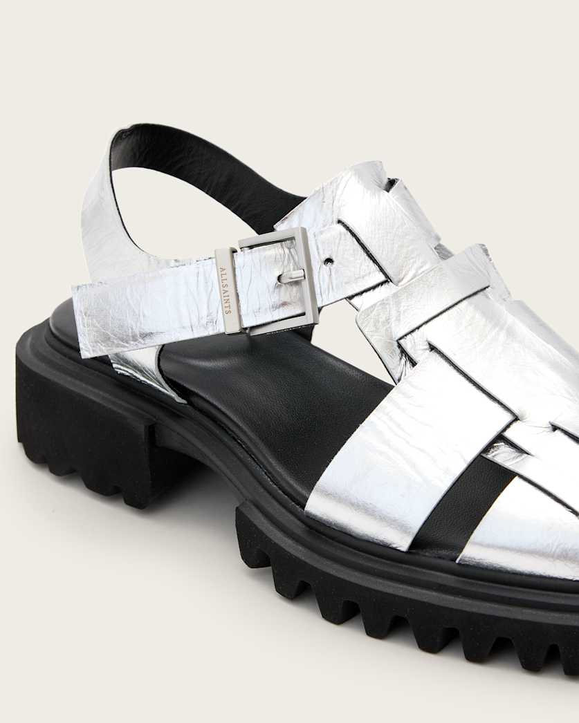 Tess Chunky Metallic Leather Sandals Silver | ALLSAINTS